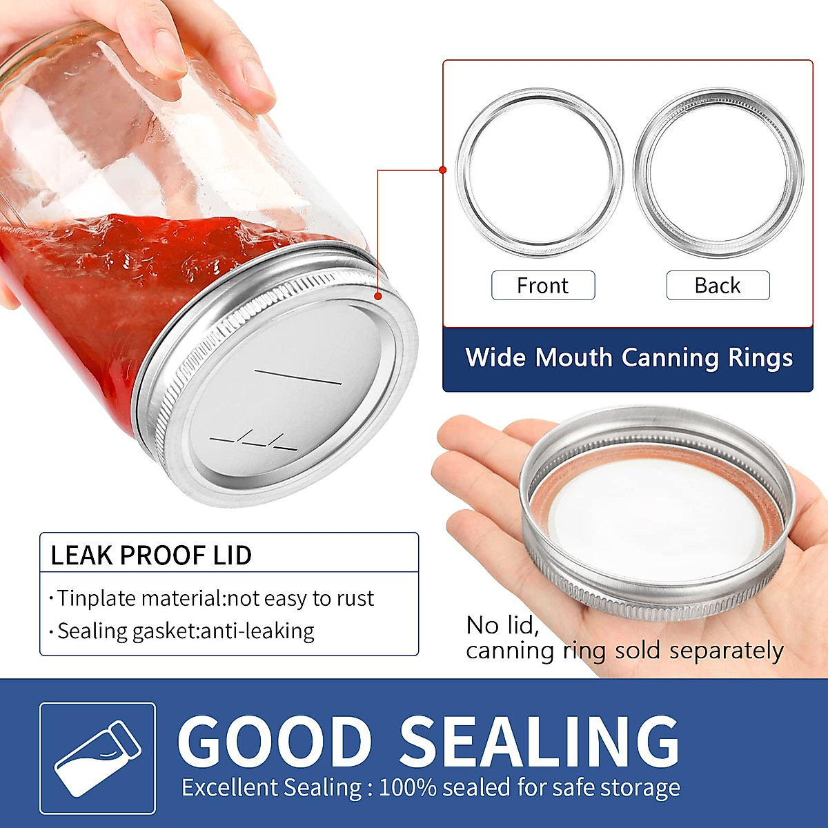 Wide Mouth Canning Rings, 24 PCS Mason Jar Rings Wide Mouth Split-Type Seals Canning Jar Rings, Metal Replacement Canning Bands Rust and Leak Proof Reusable Jar Rings for Large Mason Jars