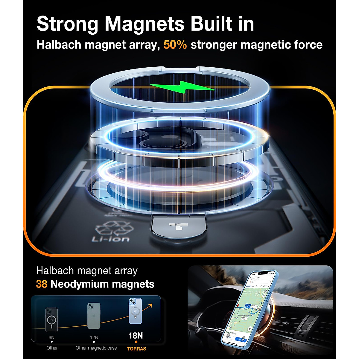 TORRAS Magnetic Shockproof for iPhone 13 Case/iPhone 14 Case, [Exceed 3X Mil-Grade Drop Protection][Compatible with MagSafe] Built-in Foldable Stand Slim Yet Protective Phone Cover, Translucent Blue