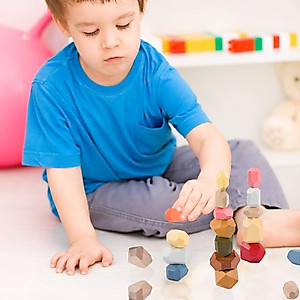 48 Pcs Wooden Stacking Stones- Building Sorting Rocks Balancing Wooden Blocks Preschool Educational Learning Toy for Kids Toddlers 3 4 5 6 Years Old