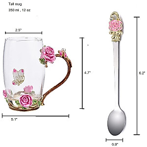 SUQ I OME Enamel Rose and Butterfly Flower Glass Tea Cup Glass Birthday Gifts For Women Mother Teacher Classmate Sister Wife with Spoon Beautiful Rose Flower Butterfly Christmas Valentines Wedding Day