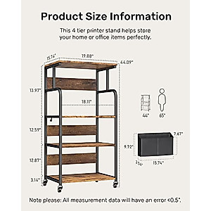Gizoon Home Office Printer Stand with Storage, 4 Tier Large Tall Printer Shelf Cart W/ Lockabel Rolling Wheels, Versatile - Retro