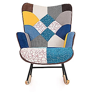 Colorful Rocking Chair for Nursery, Unique Patchwork Rocking Chair, Tufted Upholstered Rocking Chair, Comfy Wingback Glider Rocker with Safe Solid Wood Base for Living Room Bedroom Balcony