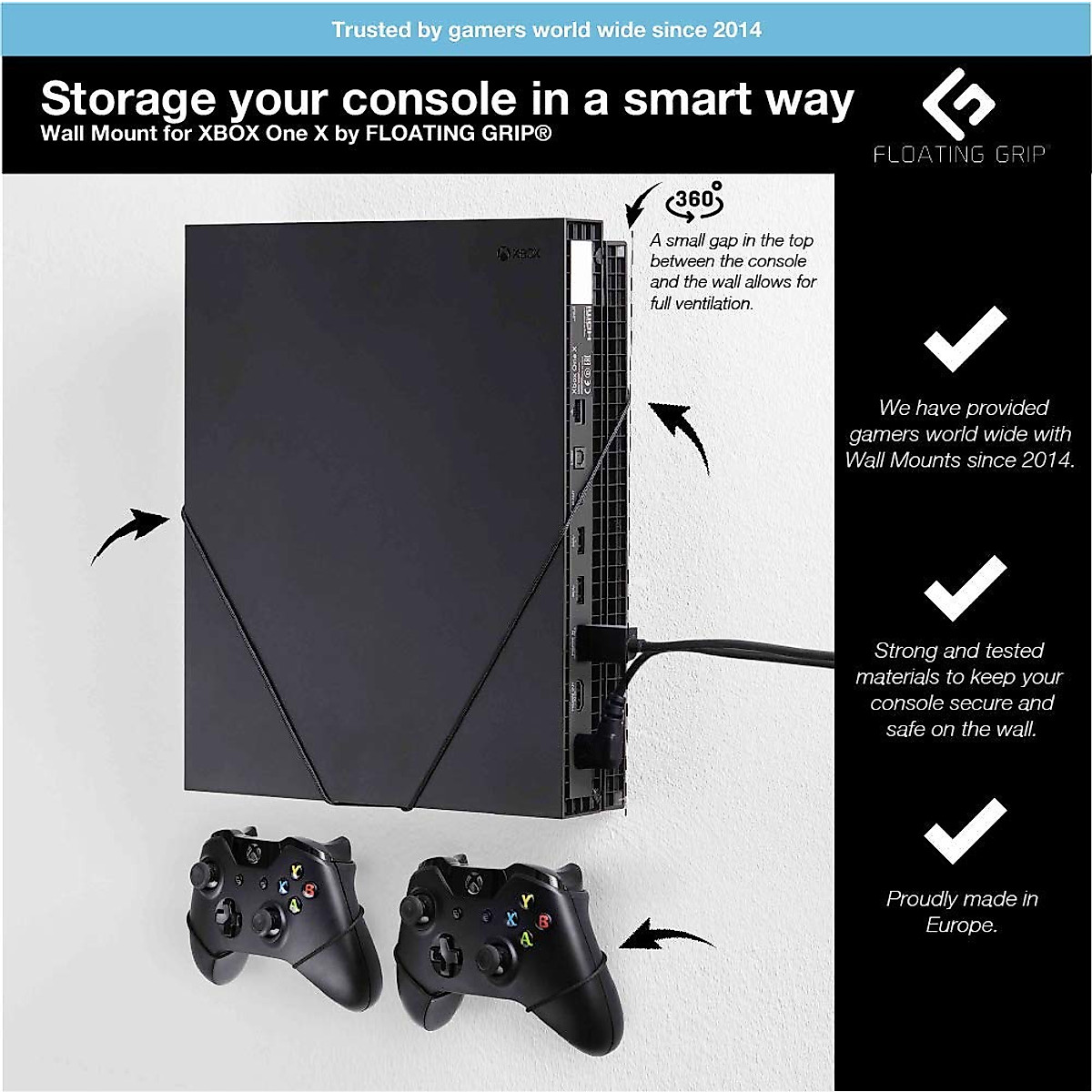 Xbox One X Wall Mount by FLOATING GRIP - Mounting Kit for Hanging Gaming Consoles - Strong & Slim Ropes - Easy-to-Install System (Bundle: Fits Xbox One X + x2 Controllers, Black)