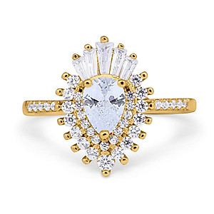 Blue Apple Co. Yellow Tone, Simulated Cubic Zirconia Size-6 Art Deco Teardrop Pear Wedding Engagement Ring Baguette Round CZ 925 Sterling Silver