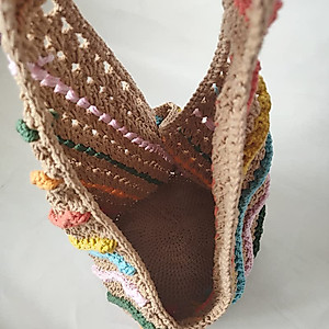 Colorful Striped Crochet Women Shoulder Bags Handmade Knitted Large Tote Bag Woolen Woven Lady Handbags Purse Khaki