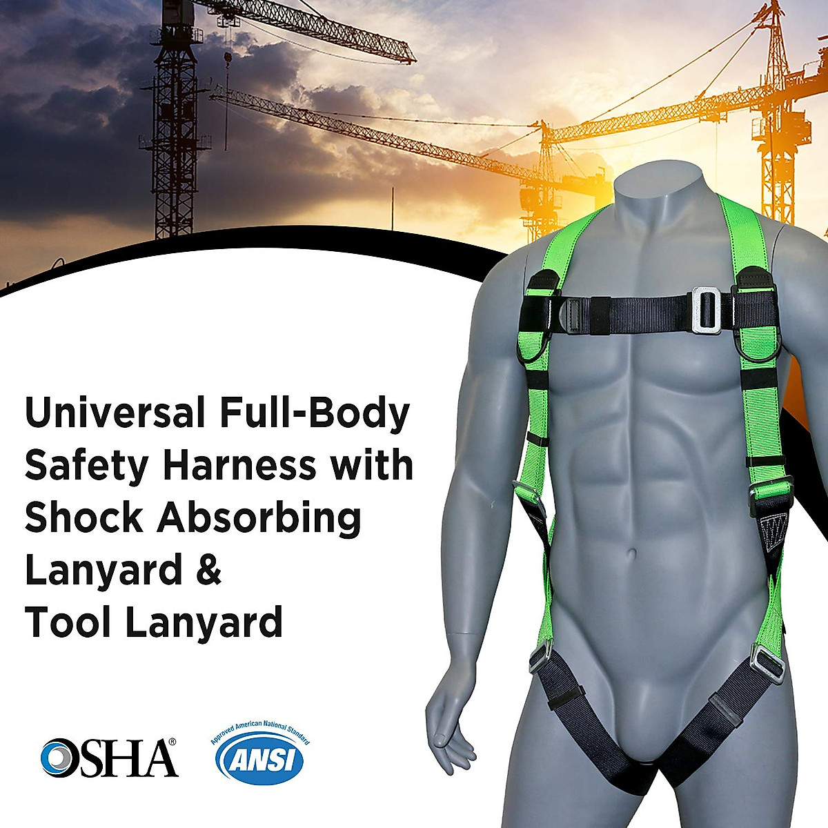 AFP Universal Full-Body Fall Protection Safety Harness with Dorsal D-Ring and Mating Buckle Legs | High-Visibility Green | Shock Absorbing Lanyard & Tool Lanyard (OSHA/ANSI)