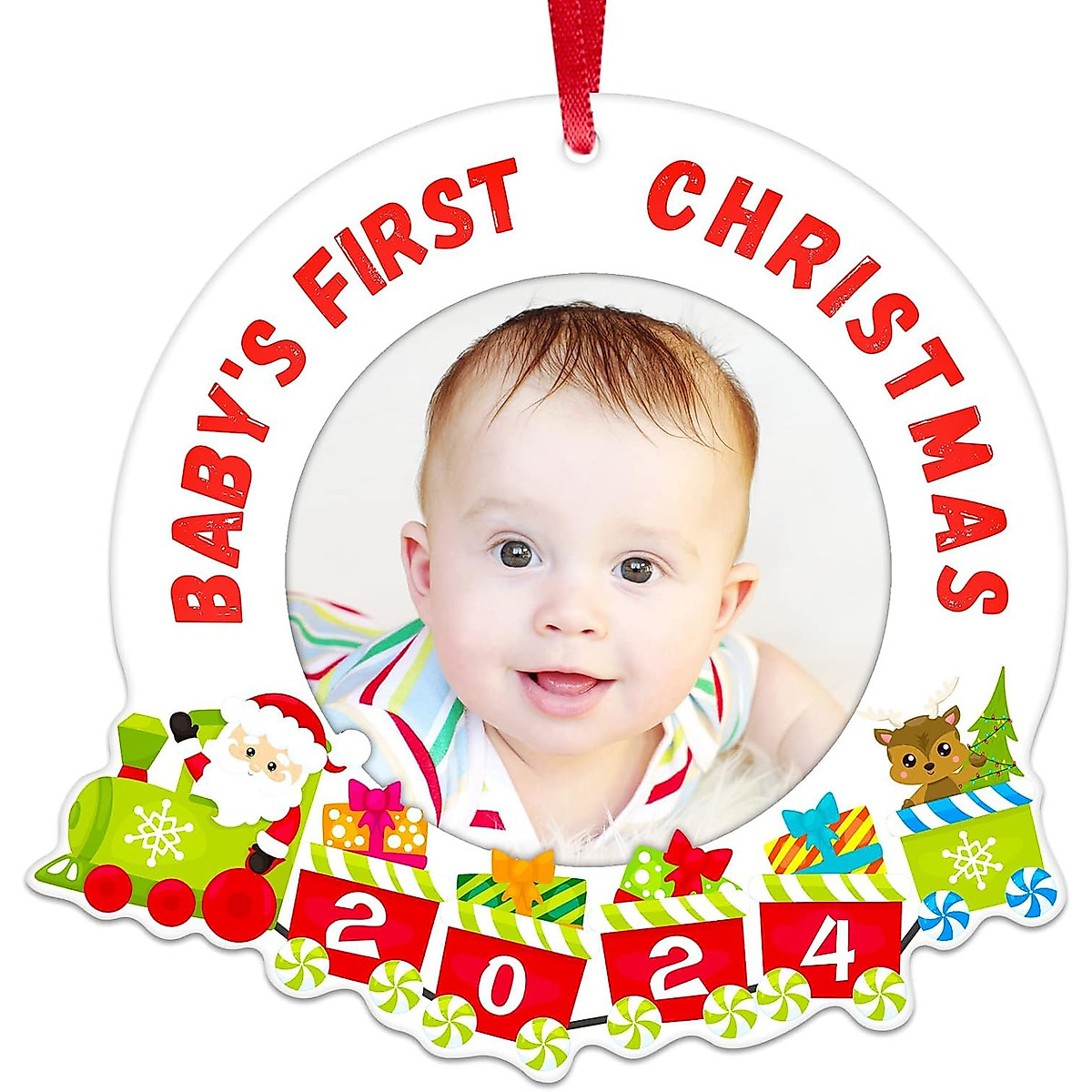 FaCraft Picture Frame Babys First Christmas Ornament 2024,1.77"x1.97" Photo Frame Baby's First Christmas Ornament 1st Train Personalized Baby Ornament Tree Decorations for Baby Boy Girl New Born