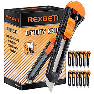 REXBETI 12-Pack Utility Knife, Retractable Box Cutter for Cartons, Cardboard and Boxes, 18mm Wider Razor Sharp Blade, Smooth Mechanism, Perfect for Office and Home use