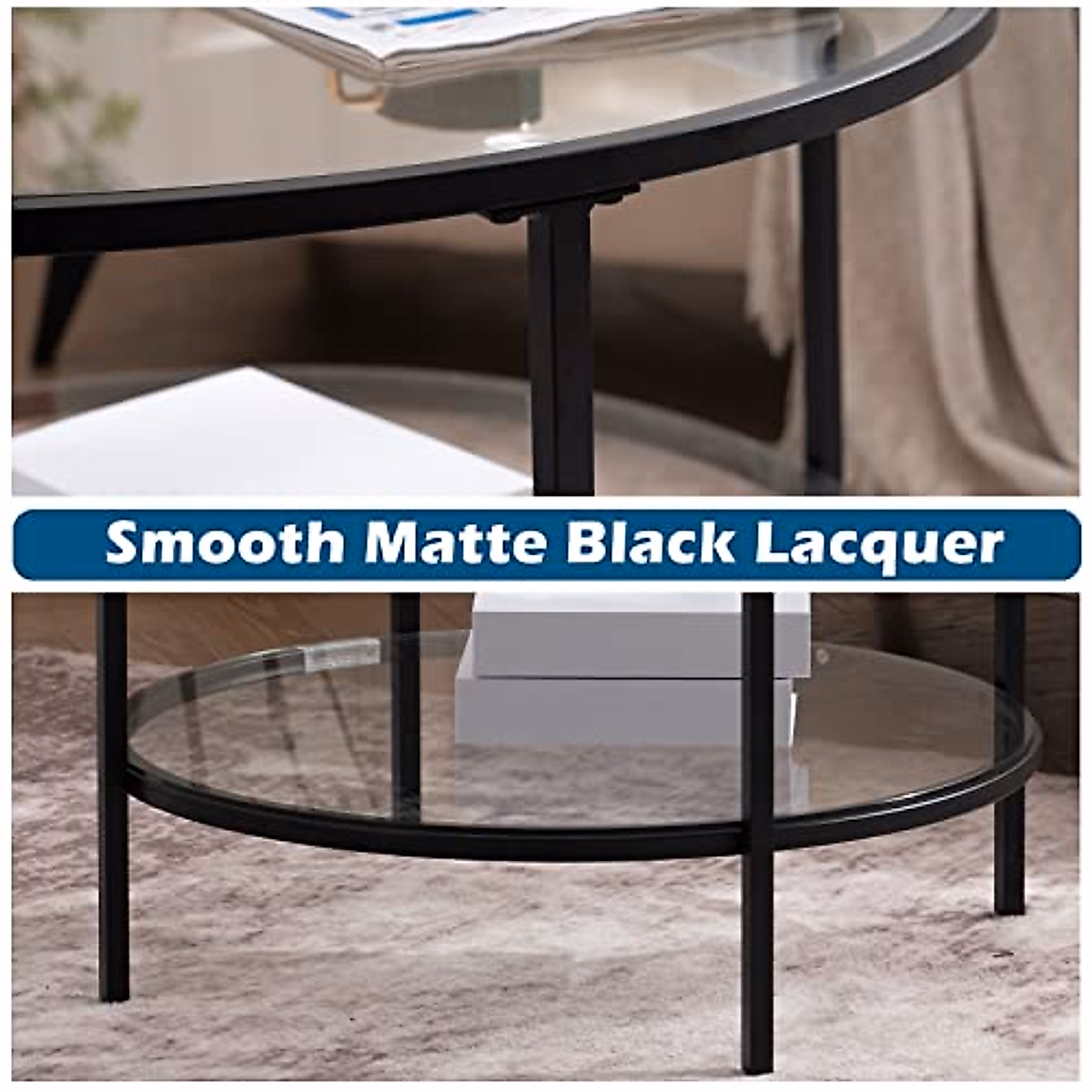 VINGLI Glass Coffee Table, 25.6" Round Coffee Table Black Coffee Tables for Living Room, 2-Tier Glass Top Coffee Table with Storage Clear Coffee Table, Simple & Modern Center Table for Small Space