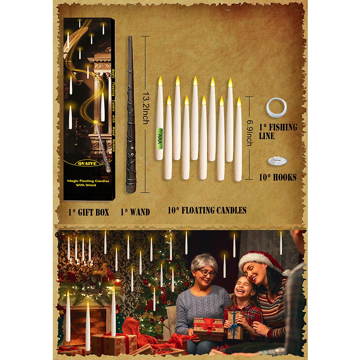 QVAIVE Floating Candles with Wand, 10Pcs Magic Flameless Hanging Candles,Flickering LED Taper Window Candles for Home Halloween Christmas Decoration Party Birthday