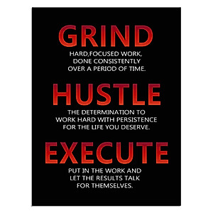 Motivational Canvas Wall Art Grind Hustle Execute Painting Office Decor Posters Prints Inspirational Entrepreneur Quotes Picture for Wall Decor Living room Gym Framed Ready to Hang[18"W x 24"H]