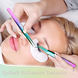 Mudder 6 Pcs Lash Tweezers Precision Eyelash Tweezers for Lash Extension, Straight and Curved Tip, Stainless Steel for False Volume Eyelash Application Tools(Laser)