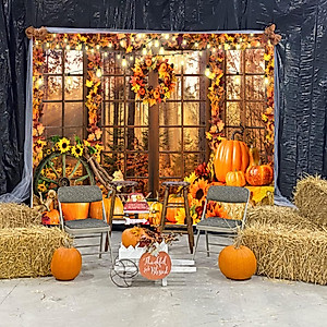 7x5ft Fall Window Photo Backdrop Autumn Forest Scenery Maple Leaves Pumpkin Harvest Photography Background Fall Theme Thanksgiving Day Party Decorations Banner Birthday Baby Shower Decor