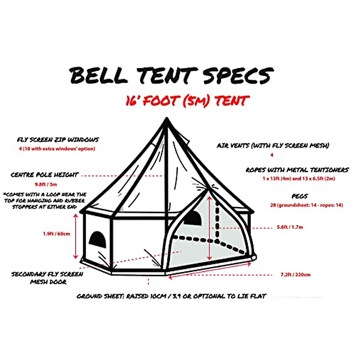 Psyclone Tents Removable Floor 4 Windows 5m/16.4ft Luxury Bell Tent Outdoor All Weather 8-10 Person Cotton Canvas Yurt Large Tent for Family Camping Glamping Hiking and Festivals