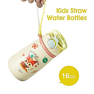 TKK Kids Insulated Water Bottle 16 oz Double Wall Vacuum Stainless Steel Thermos with Leak Proof Straw Lid & Strap Handle & Sticker (Yellow)