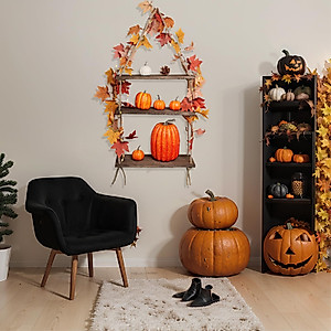 3-Tier Macrame Hanging Shelf for Wall Decor, Wooden Lighted Hanging Shelves with Fall Artificial Maple Leaves Boho Room Decor Aesthetic Wall Storage Floating Shelves for Bedroom Living Room Farmhouse