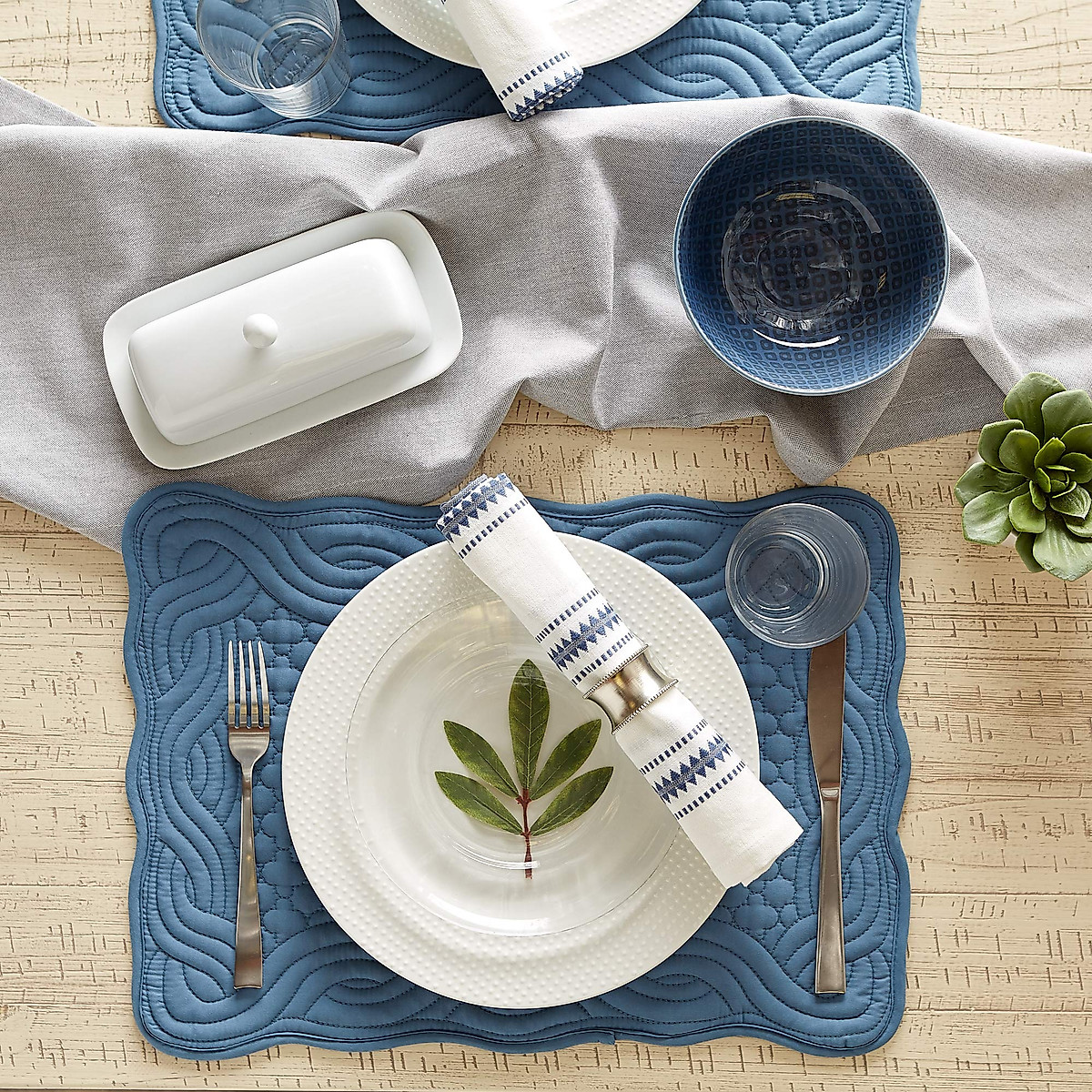 DII Quilted Farmhouse Collection Tabletop, Placemat Set, French Blue, 6 Piece