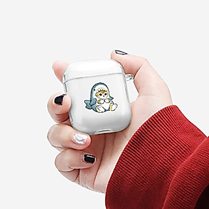 Cute Fish Cat Designed for 1st&2nd Generation Airpods Case, Shockproof Case Clear Soft TPU Protective Cover Compatible with Apple Airpods 2&1 with Keychain Animal Pattern for Women Girls