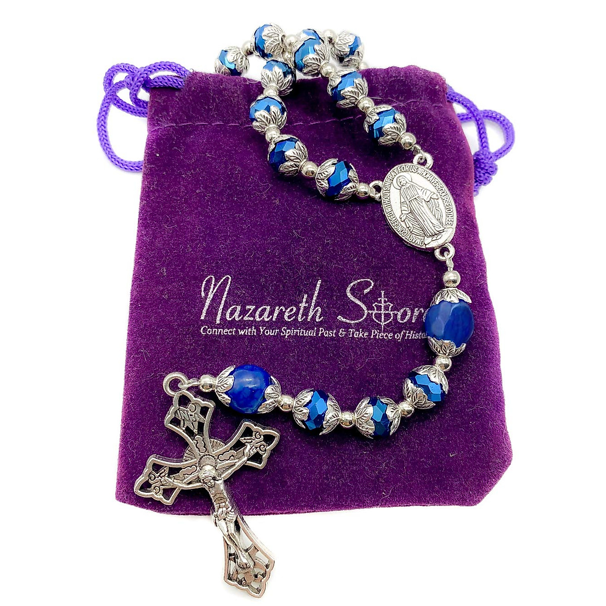 Nazareth Store Deep Blue Crystal Beads Rosary Blue Agate Glory Stone Beaded Necklace Miraculous Medal & Cross Crucifix Religious Rosaries Collection
