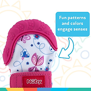Nuby Soothing Teething Mitten with Hygienic Travel Bag, Pink.