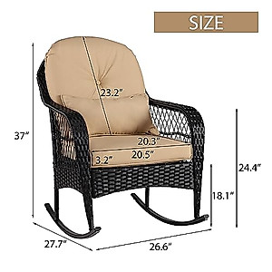Outdoor Wicker Rocking Chair Rocker Chair with Cushions for Backyard (Khaki Cushion)