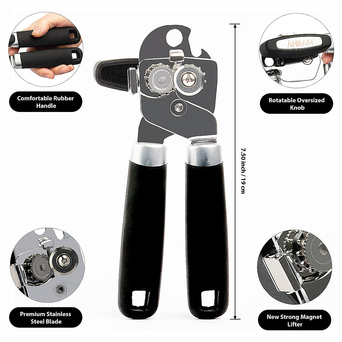 AHRAM Manual Can Opener, Sharp and smooth glide cutting wheel, With magnet lefter, Safe edge, Made with heavy duty materials, With additional glide cutting wheel as a spare part, With a bottle opener