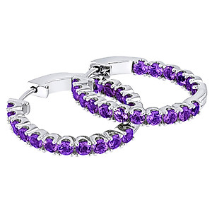 Peora Amethyst Hoop Earrings for Women in Sterling Silver, Inside-Out Design, Natural Gemstone Birthstone, 3.50 Carats total Round Shape, Click Lock