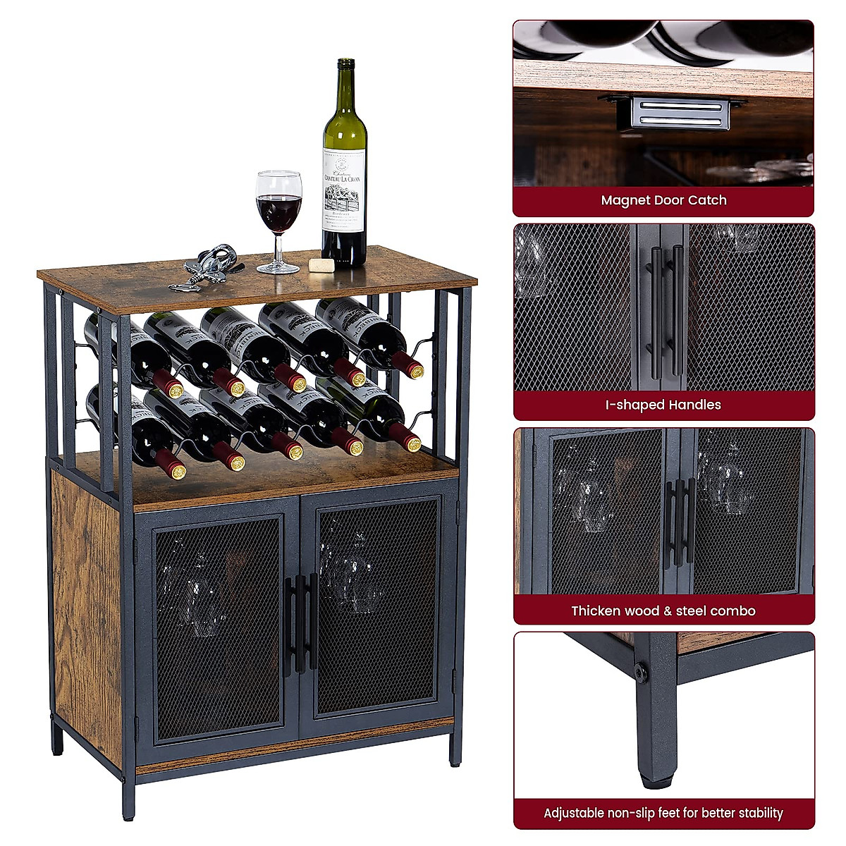 Bennio Brenny Wine Bar Rack Cabinet with Detachable Wine Rack, Liquor Cabinet, Bar Cabinet with Glass Holder, Metal Sideboard Buffet Storage Cabinet with Mesh Door