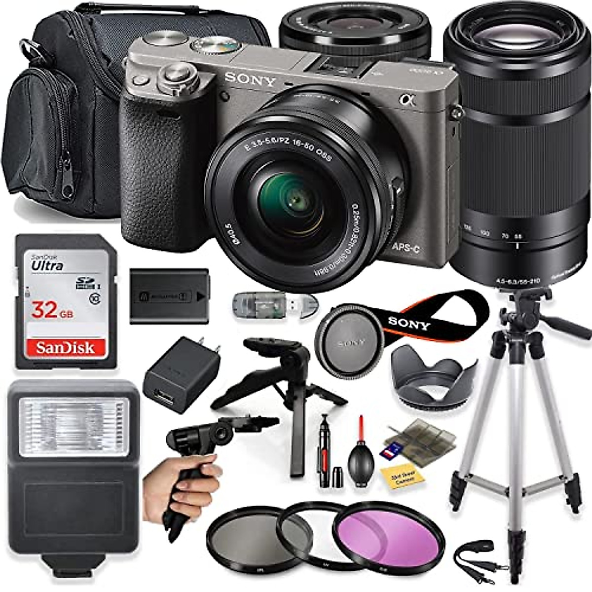 Sony a6000 Mirrorless Camera (Graphite) with 16-50mm OSS E 55-210mm Lens + Deluxe Bundle Including Sandisk 32GB Card, Case, Flash, Grip Tripod, 50" Tripod, and More