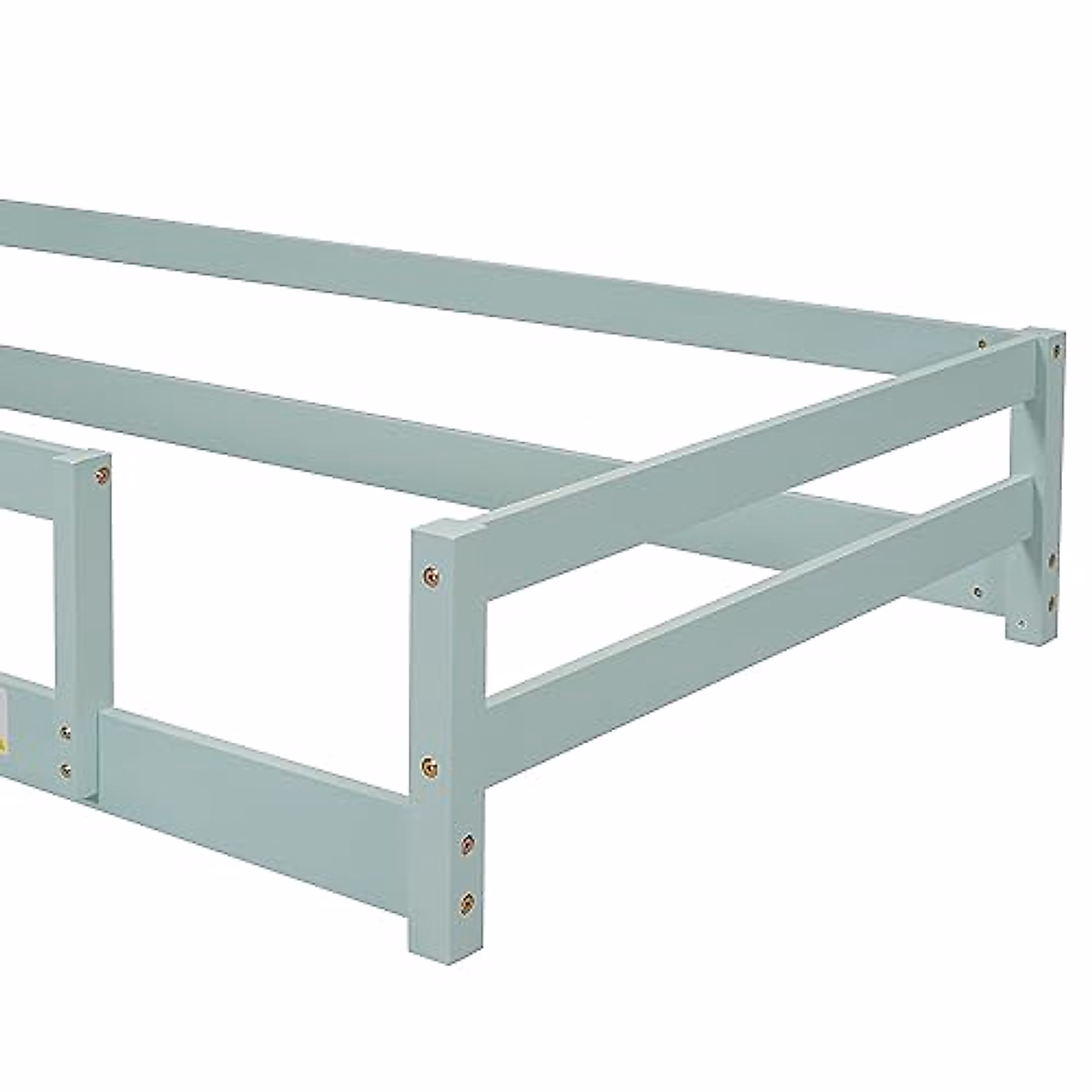 SIYSNKSI Twin Size Platform Bed, Wooden Platform Bed Frame with House-Shaped Headboard, Floor Bed with Fences for Kids Boys Girls Bedroom, Easy Assembly (Light Green + Pine 04)