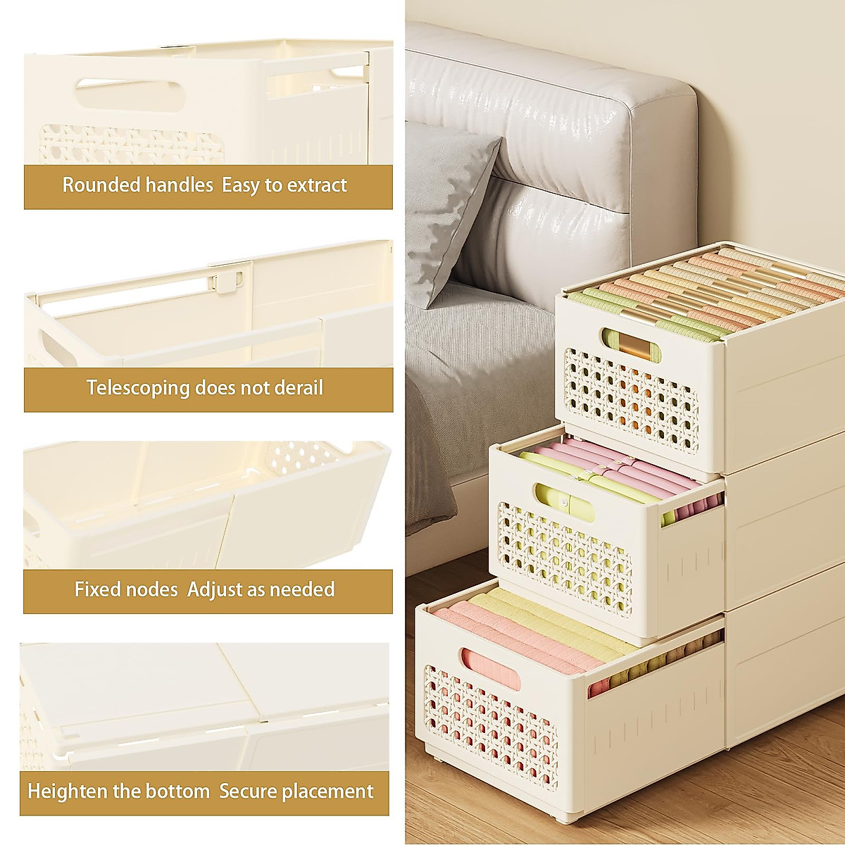 Yawinhe Retractable Plastic Storage Bins with Handles, Expandable Stackable Storage Baskets, 3pack Organization and Storage Containers Organizers for Closet Pantry Cabinet, 11-18.5x7.9x5.9in