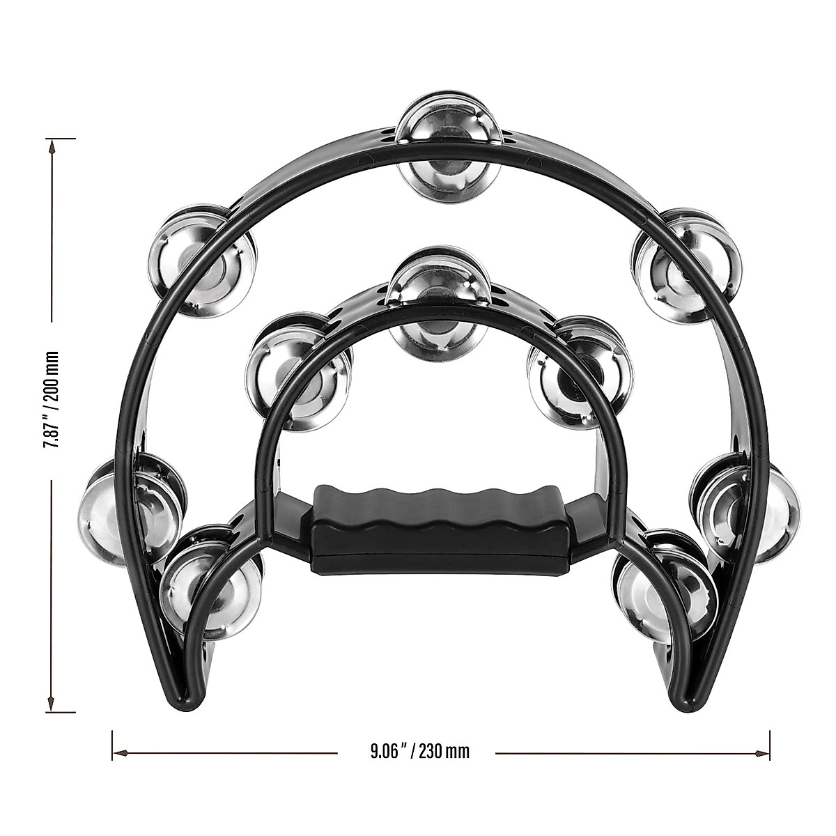 MUKLEI 4 Pack 9 Inch Double Row Tambourine, Half Moon Musical Tambourine, Metal Jingles Hand Held Percussion Drum with Ergonomic Handle Grip for KTV, Party, Gift, Black