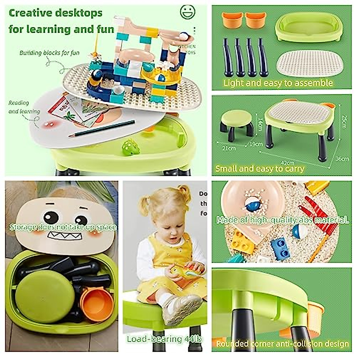 la-belle-vie 6-in-1 Activity Table for Kids, Sand/Water Table for Toddlers 1-3, Kids Table and Chair Set with Storage, 70 pcs Marble Run Building Blocks Classic Big Blocks (Green)
