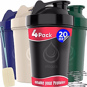 diliqua -4 PACK- 20 oz Shaker Bottles for Protein Mixes | BPA-Free & Dishwasher Safe | 4 small protein shaker bottle | Shaker Cups for protein shakes | Blender Shaker Bottle Pack