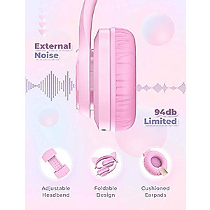iClever Kids Headphones with Cat Ear Led Light Up, Safe Volume Limite Kids Wired Headphones with Microphone, FunShare Foldable Over-Ear Headphones for Kids/School/iPad/Tablet/Travel, Meow Donut-Pink