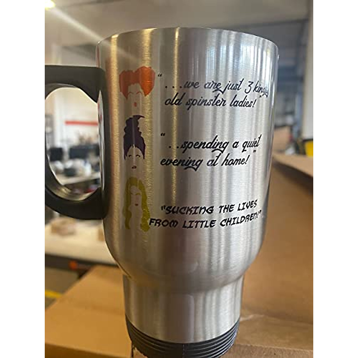 Creator's Cove Hocus Halloween novelty travel coffee mug stainless steel, Winifred Mary Sarah Sanderson sisters decor movie merchandise funny quotes cups, All Hallows eve Samhain, Dani Dennison