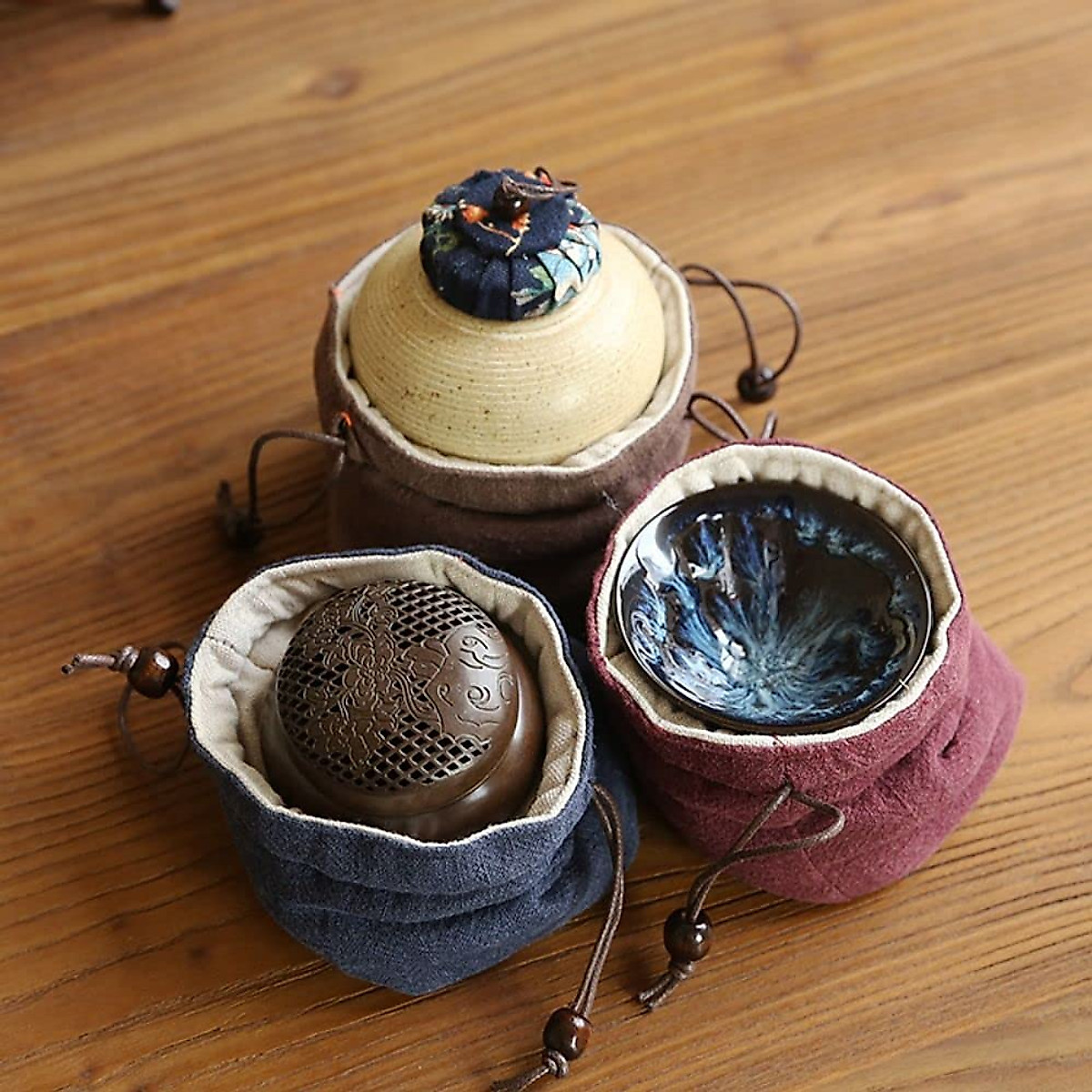 Retro Teapot Bundle Pocket, Flower Pattern Teacup Bag, Jewelry Storage Bag, Drawstring Bundle Pocket, Cotton Linen Teaware Storage Bag(Wine Red)