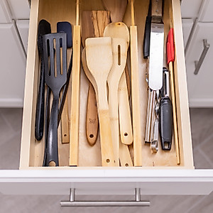 Fabsome Bamboo Kitchen Drawer Dividers 4 Pack, 17-22 inches Long Adjustable Spring-loaded Organizer Durable Organization Separators for Large Utensil Drawers, Clothing Dresser Drawers