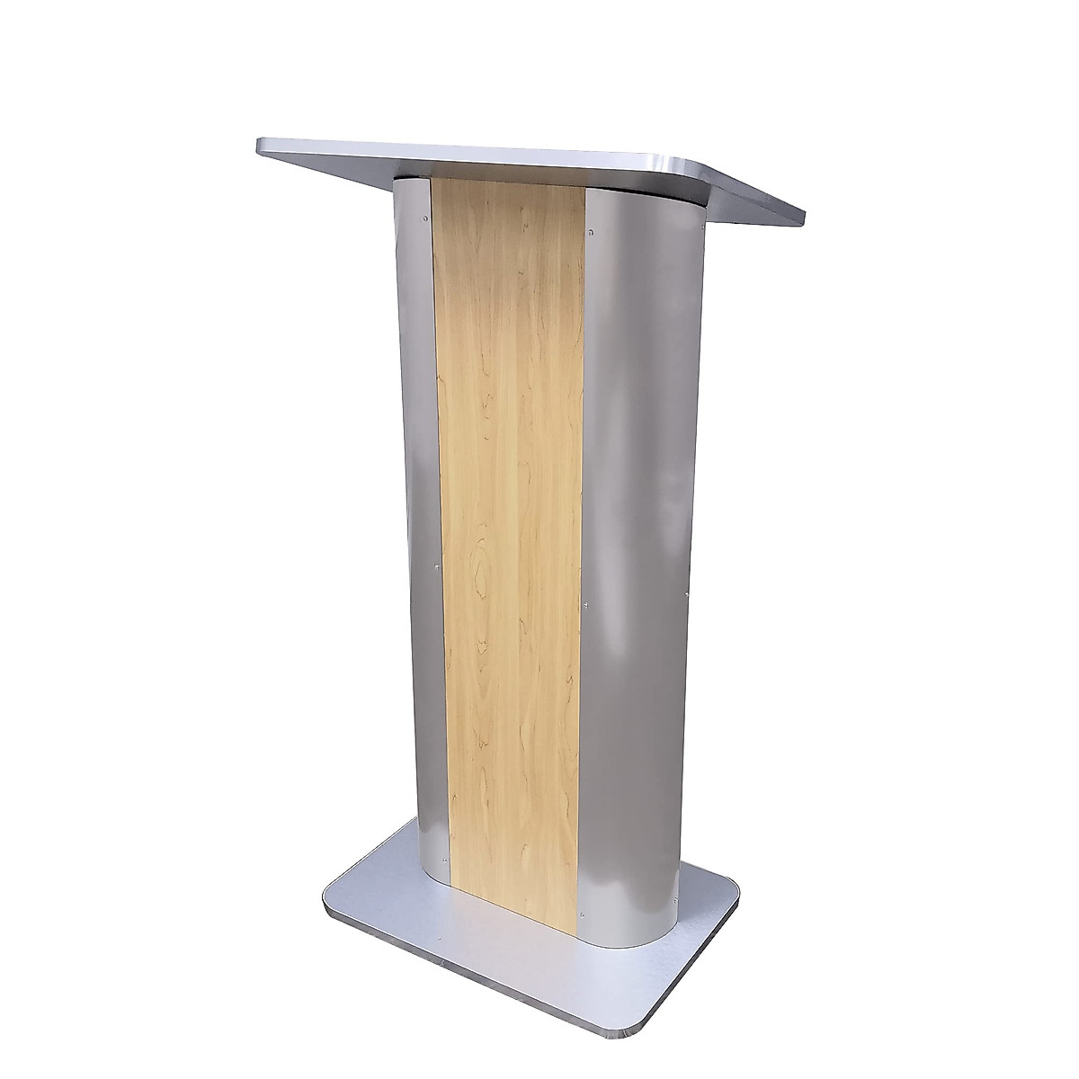 FixtureDisplays® 49"H Maple Melamine Podium Pulpit Lectern with Curved Brushed Stainless Steel Sides 19629