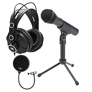 Samson Q2U Black Handheld Dynamic USB Microphone Bundle with Pop Filter and Closed Back Over-Ear Headphones (3 Items)