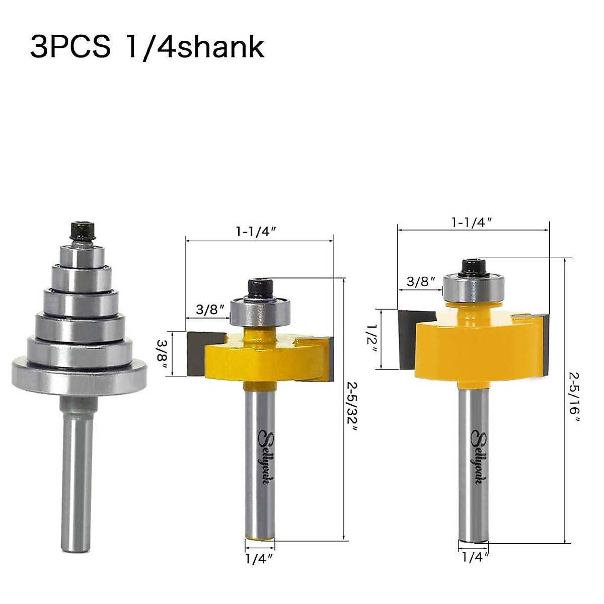 1/4 Inch Shank Rabbet Router Bit with 6 Bearings Set, SellyOak Multi Rabbeting Router Bit Set for Multiple Depths (1/8", 1/4", 5/16", 3/8", 7/16", 1/2" Interchangeable and Adjustable Bearings)