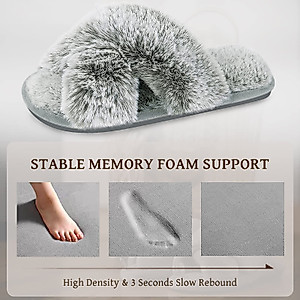 Cozyfurry Womens Cross Band Slippers Cozy Furry Fuzzy House Slippers Open Toe Fluffy Indoor Shoes Outdoor Slip on Warm Breathable Anti-skid Sole Tip Grey 9-10 L