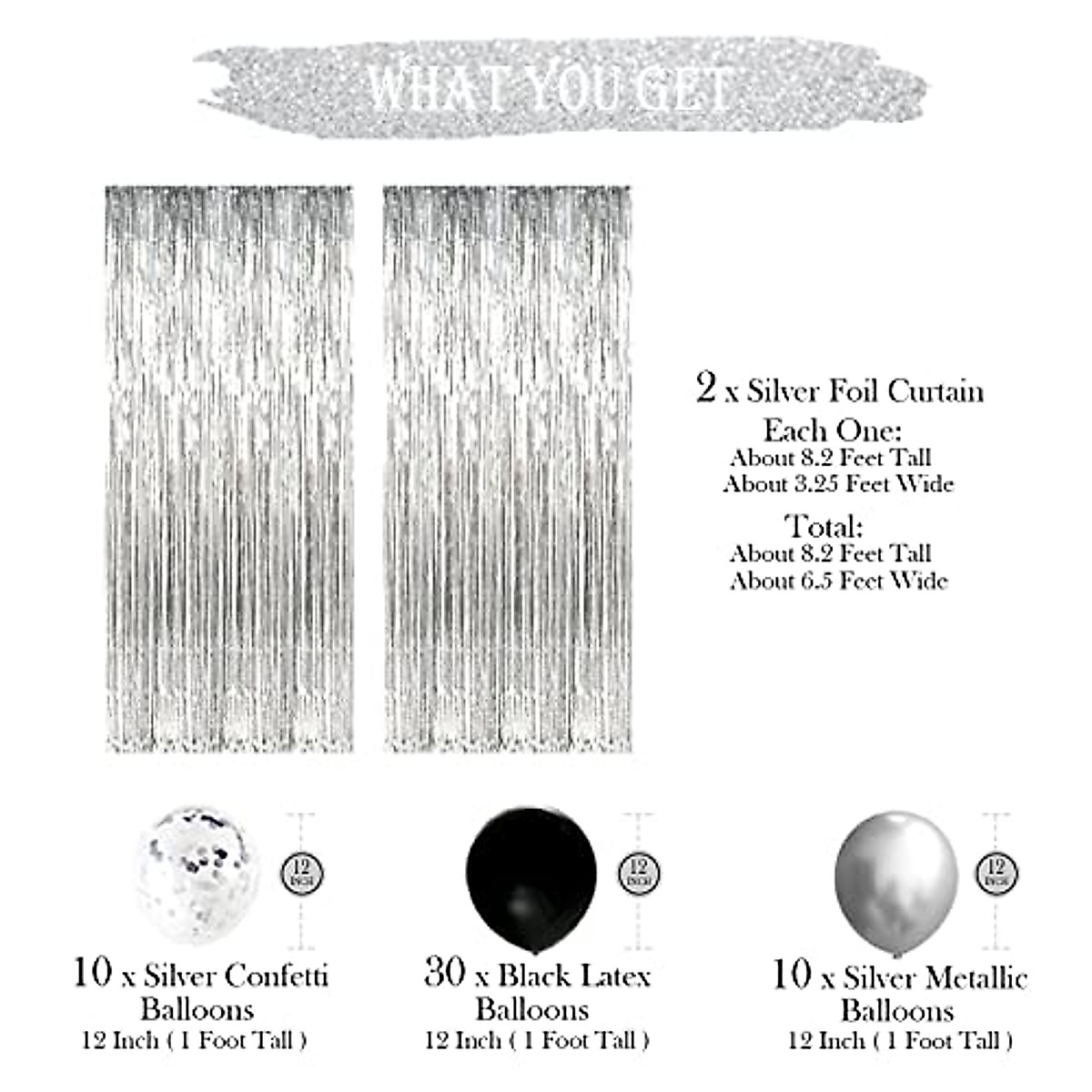 Black and Silver Party Decorations Kit, Silver Foil Fringe Curtain Backdrop, Black and Silver Balloons Set, Graduation Party Decorations 2023, Black and Silver Birthday Party Supplies