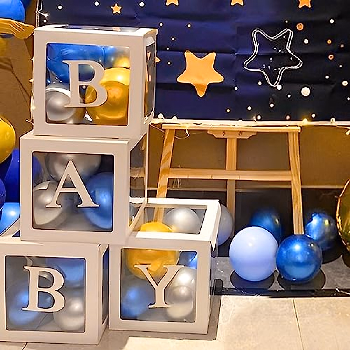 EAF Baby Boxes with Letters for Baby Shower, 4 Pcs Clear Balloon Blocks with 8 Letters for Gender Reveal Decorations and Baby Shower Decorations (White)