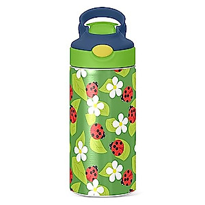 ALAZA Ladybug White Floral Kids Water Bottles with Lids Straw Insulated Stainless Steel Water Bottles Double Walled Leakproof Tumbler Travel Cup for Girls Boys Toddlers 12 oz,Green