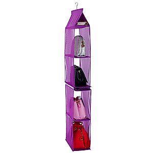 Detachable 4 Compartment Organizer Pouch Hanging Handbag Organizer Clear Purse Bag Collection Storage Holder Wardrobe Closet Space Saving Organizers System for Living Room Bedroom Home Use (Purple)