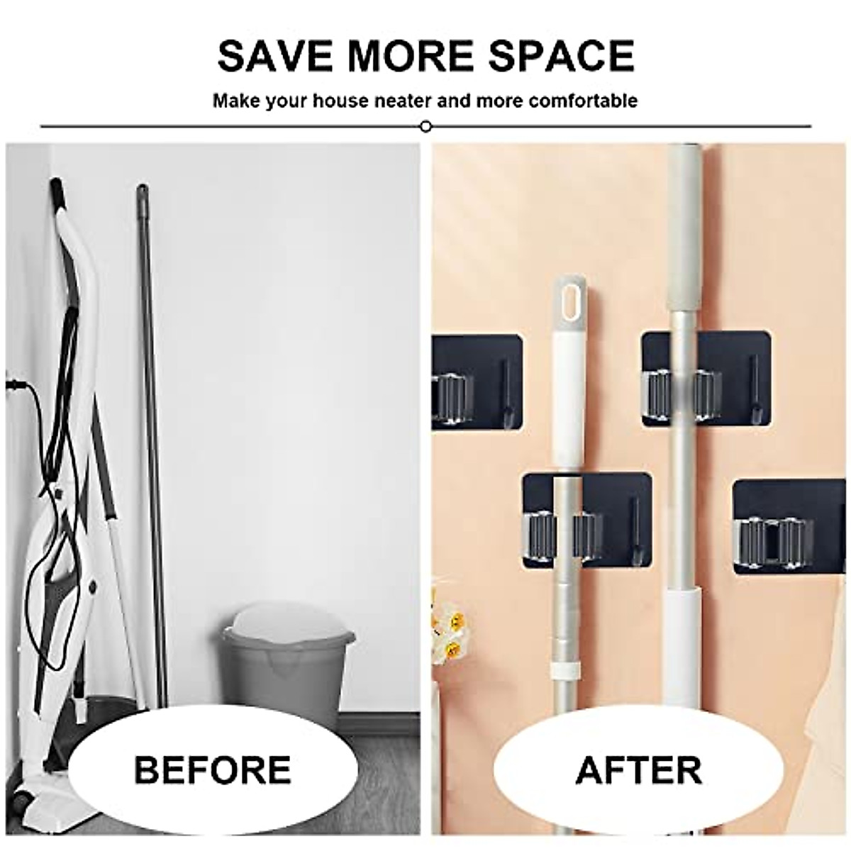 PMIIO 4 Pack Broom Holder Wall Mount, No punching, Upgraded Stainless Steel Broom Holder, Self Adhesive Broom Hanger Gripper for Bathroom, Kitchen, Garage Laundry Room Storage - Black