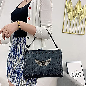 Downupdown Men&Women Clutch Skull Rivet Purse Punk Clutch Handbags Wallet with Shoulder Strap Messenger Bag Party Purse Phone Bag