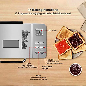 Automatic Bread Machine, Family Bread Maker Professional Non-Stick Breadmaker with Automatic Fruit Nuts Dispenser, 17 Progammes, 15 Hours Timing, 500g /750g/ 1000g Weight Settings