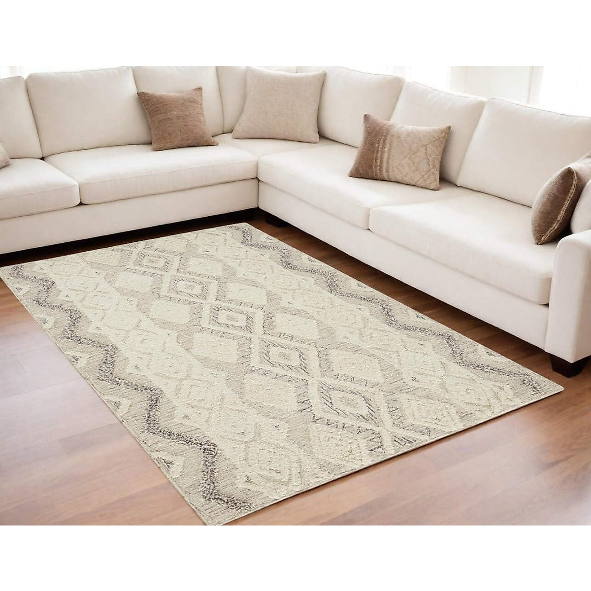 8' X 10' Ivory Taupe And Gray Wool Geometric Tufted Handmade Stain Resistant Area Rug